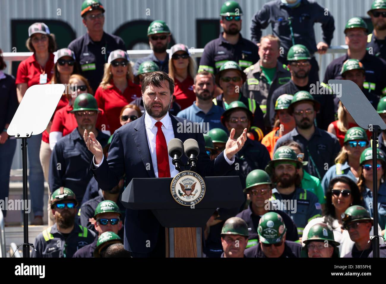 Vice President JD Vance speaks during a tour at Nucor Steel Berkeley in Huger, S.C., Thursday ...