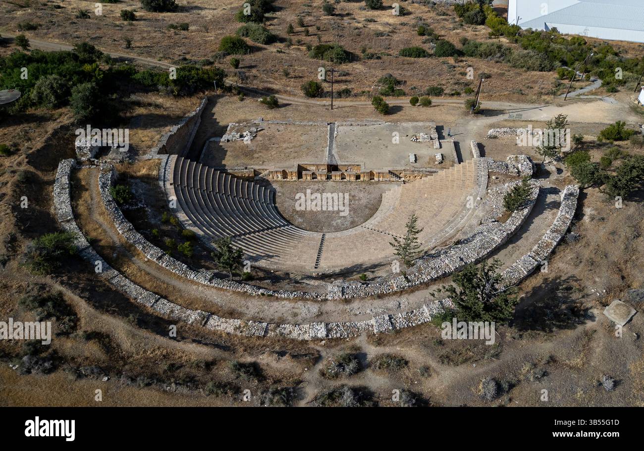Aerial drone view of the Soloi Roman Amphitheatre, Soloi, Karavostasi ...