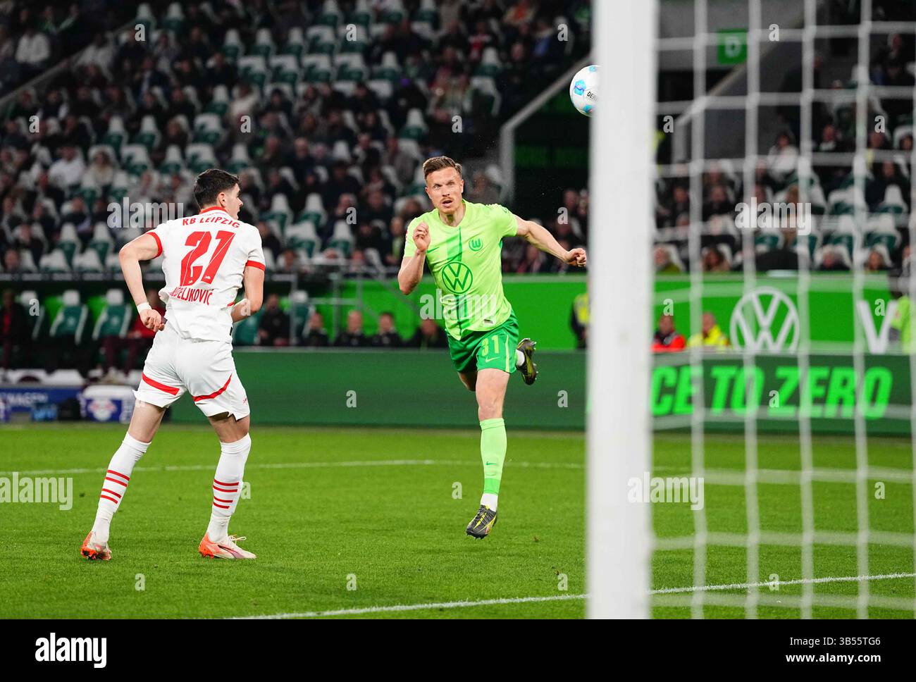 April 11 2025: Yannick Gerhardt of VfL Wolfsburg heads during a 1 ...