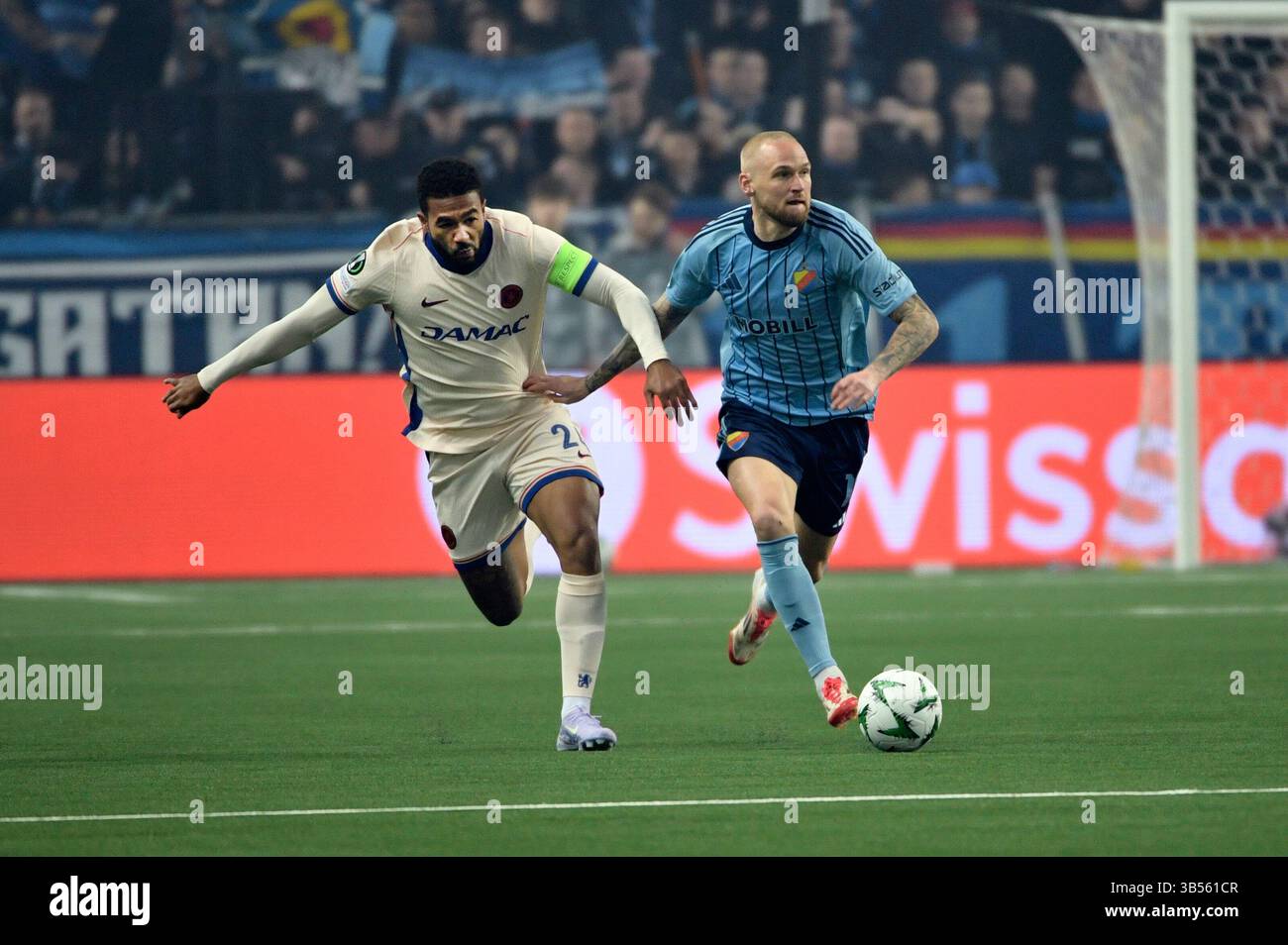 Djurgardens' Adam Stahl, right, and Chelsea's Reece James, left ...