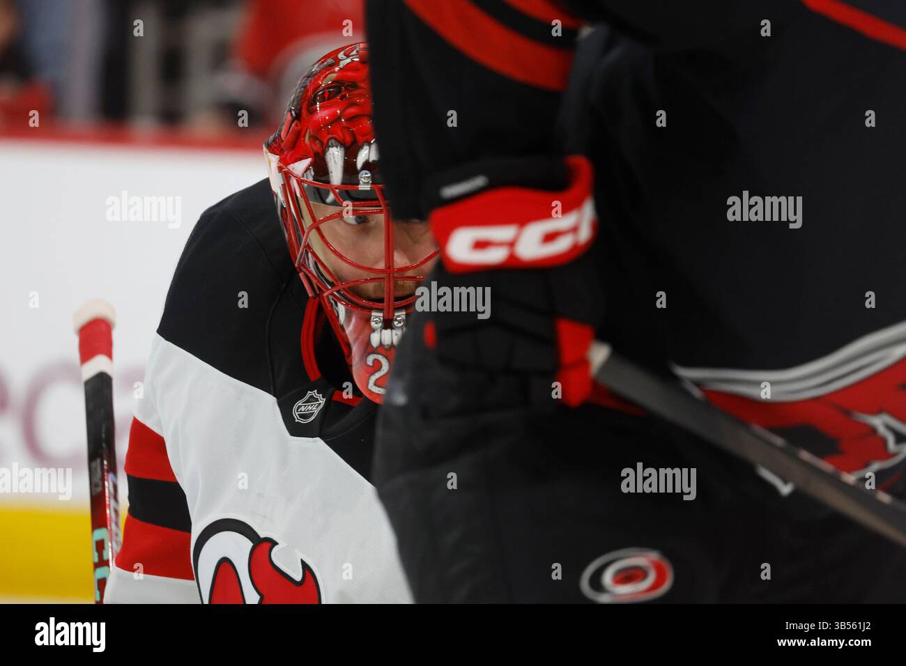 New Jersey Devils goaltender Jacob Markstrom (25) watched the puck ...