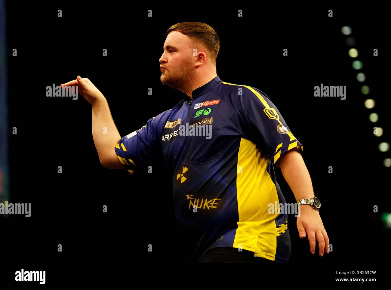 Luke Littler reacts during night thirteen of the BetMGM Premier League ...