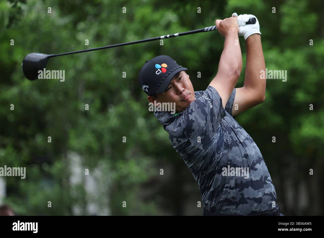Si Woo Kim hits off the sixth tee during the first round of the CJ Cup Byron Nelson golf ...