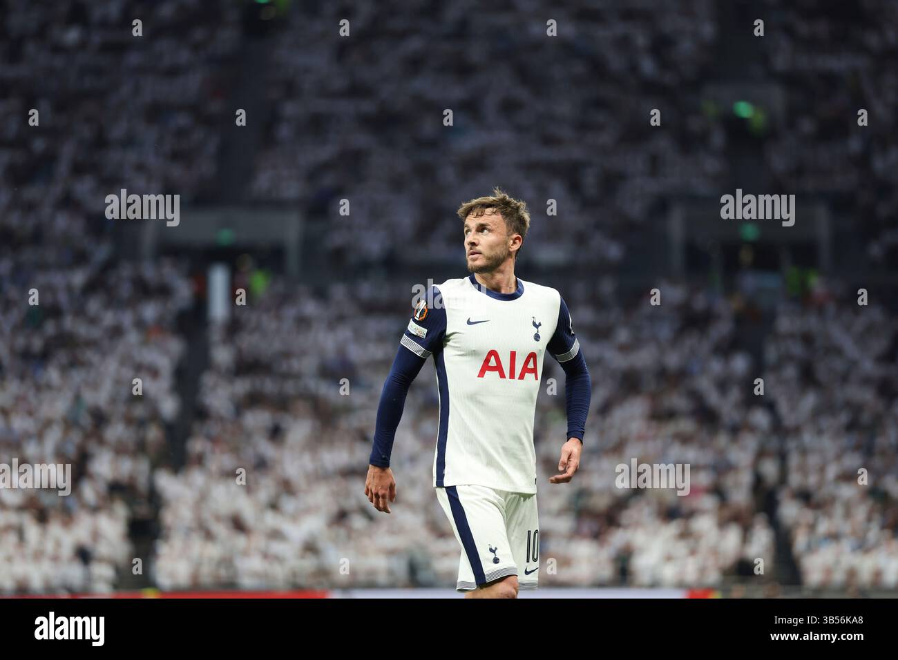 Tottenham's James Maddison walks on the pitch during the Europa League ...