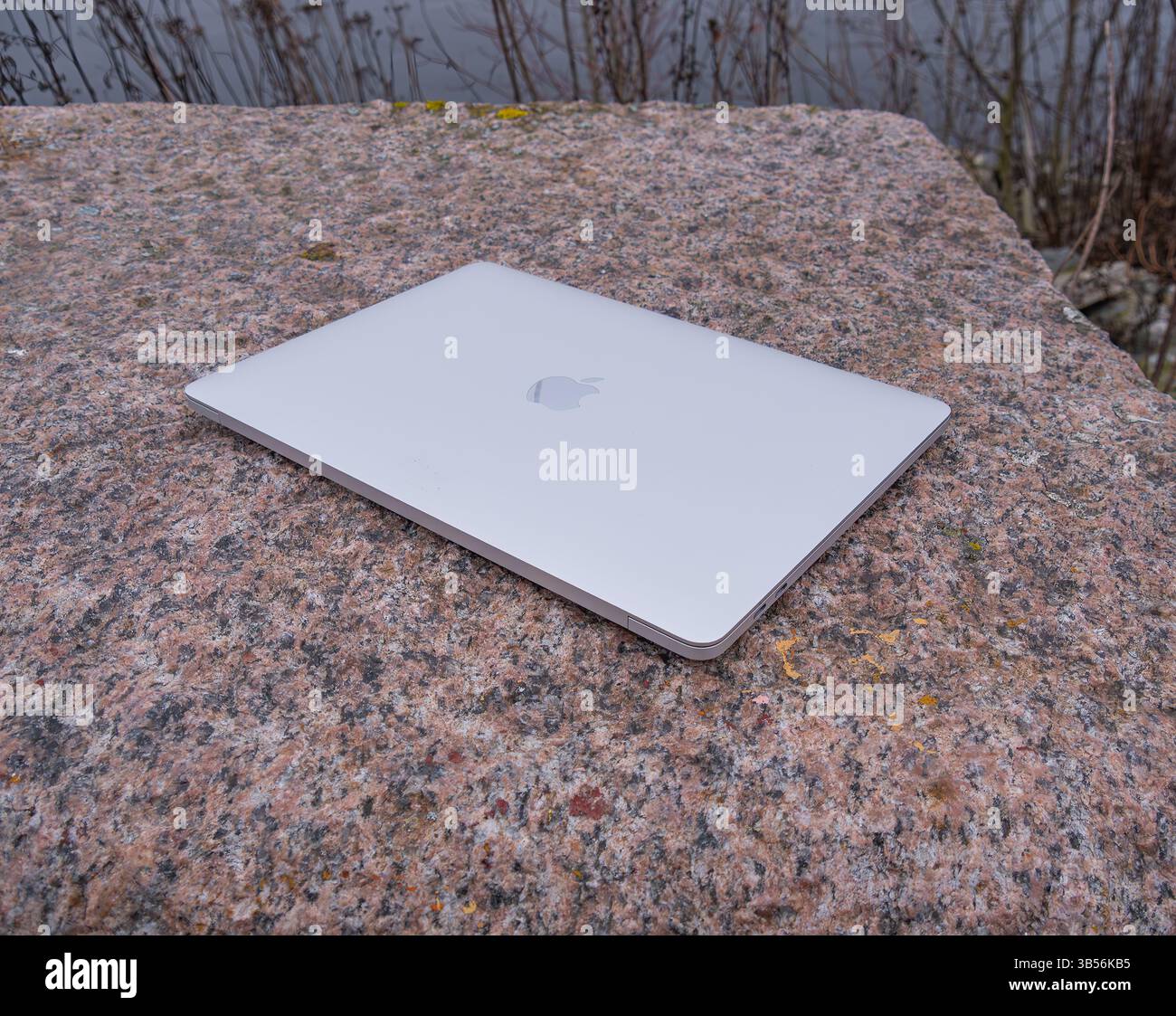 Stockholm, Sweden - 28 February 2025: A closed silver laptop with an ...