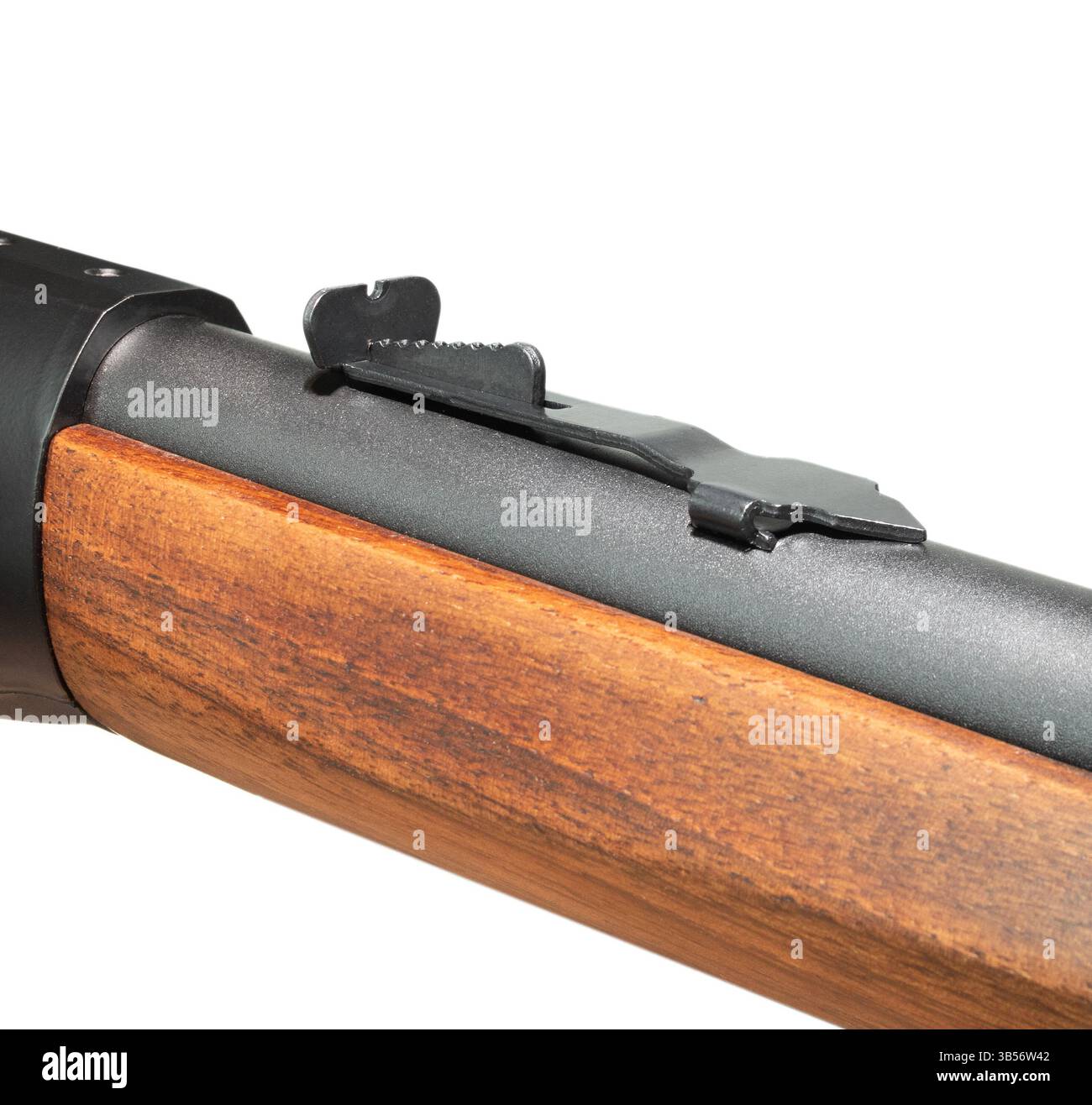Elevation adjustable rear iron sights isolated on a wood stocked rifle ...