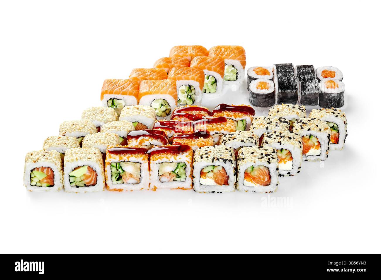 Large sushi set including different kinds of rolls with salmon, avocado ...