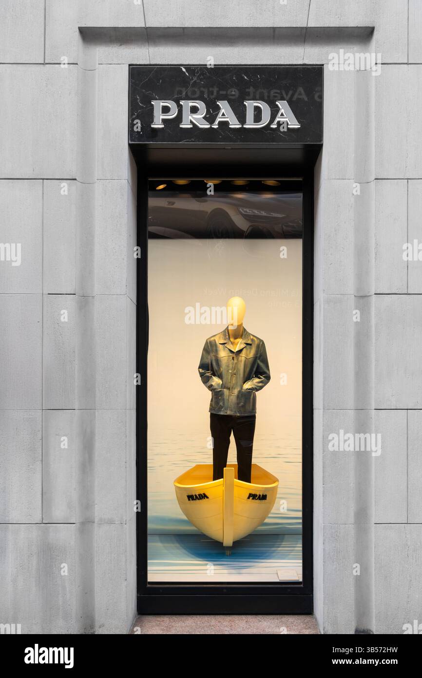 Milan, Italy - April, 08, 2025: Prada window display in Milan. Male ...