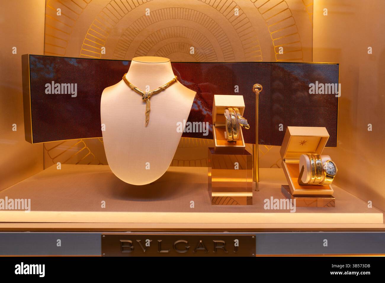 Milan, Italy - April, 08, 2025: BVLGARI jewelry window display ...