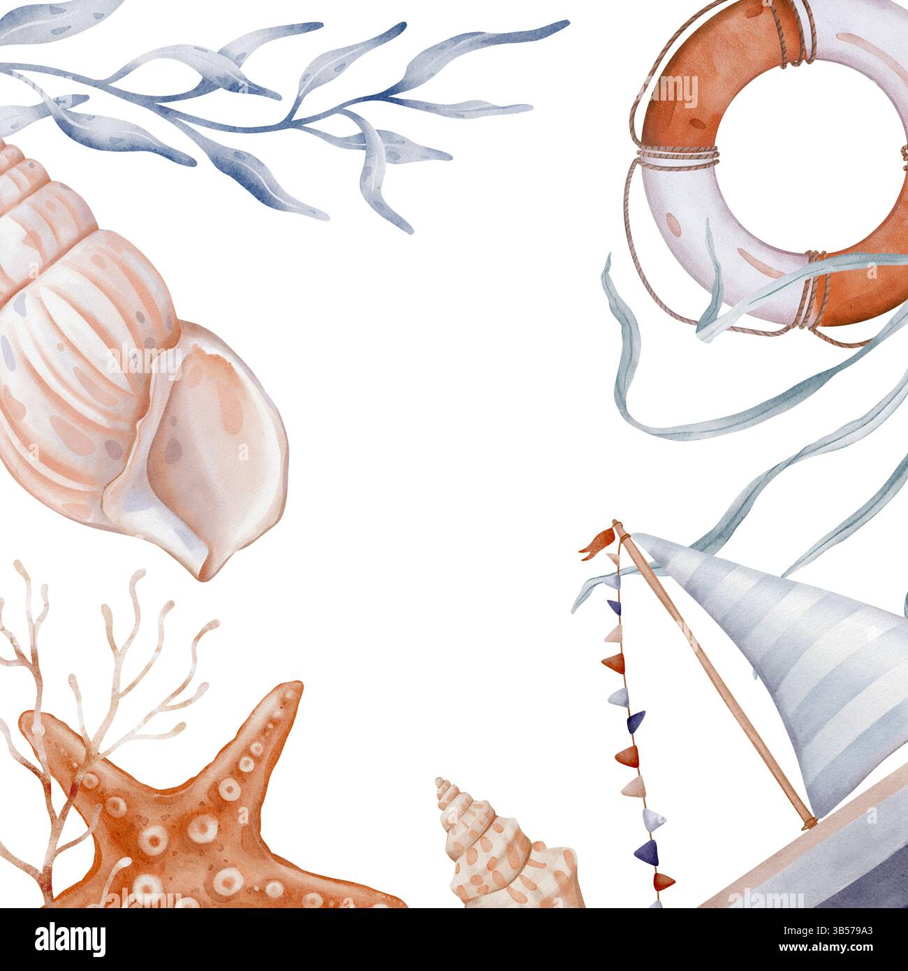 Underwater square frame with Corals, Seaweeds and Seashells. Hand drawn ...