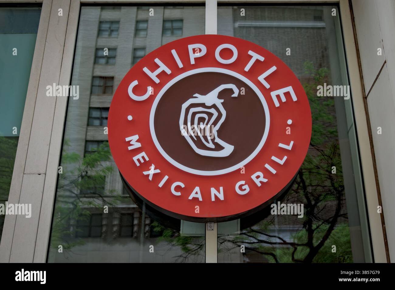 USA. 01st May, 2025. Sign at the entrance to a Chipotle store in ...