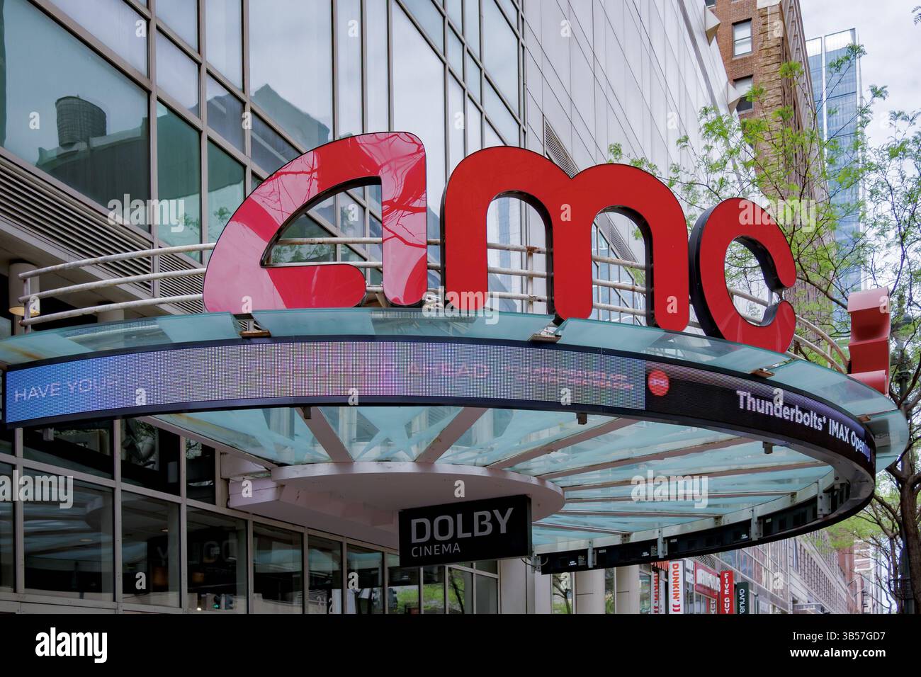 USA. 01st May, 2025. Marquee at the entrance to AMC movie theater in ...