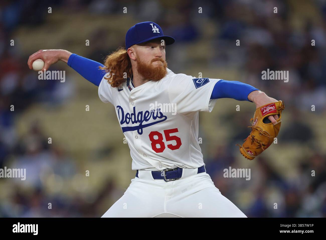 Dustin May #85 of the Los Angeles Dodgers throws a pitch in the second ...