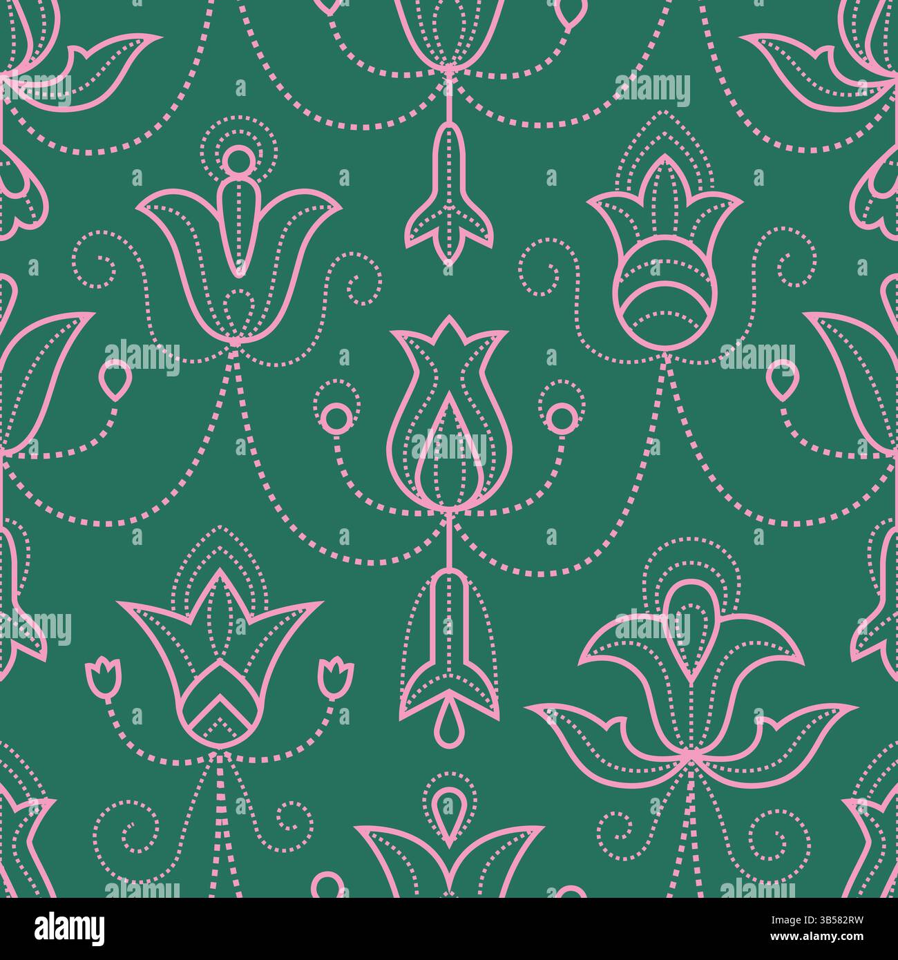 Abstract line flowers, bell, tulips seamless pattern. Pink linear ...