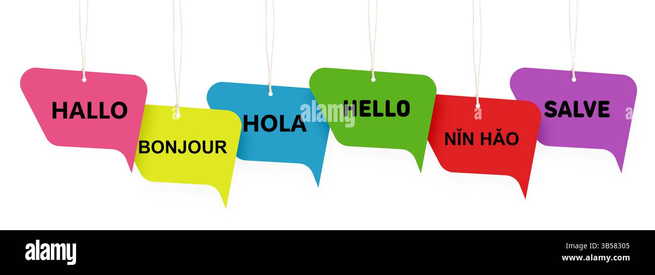 Paper speech bubbles with greetings in different languages hanging on ...