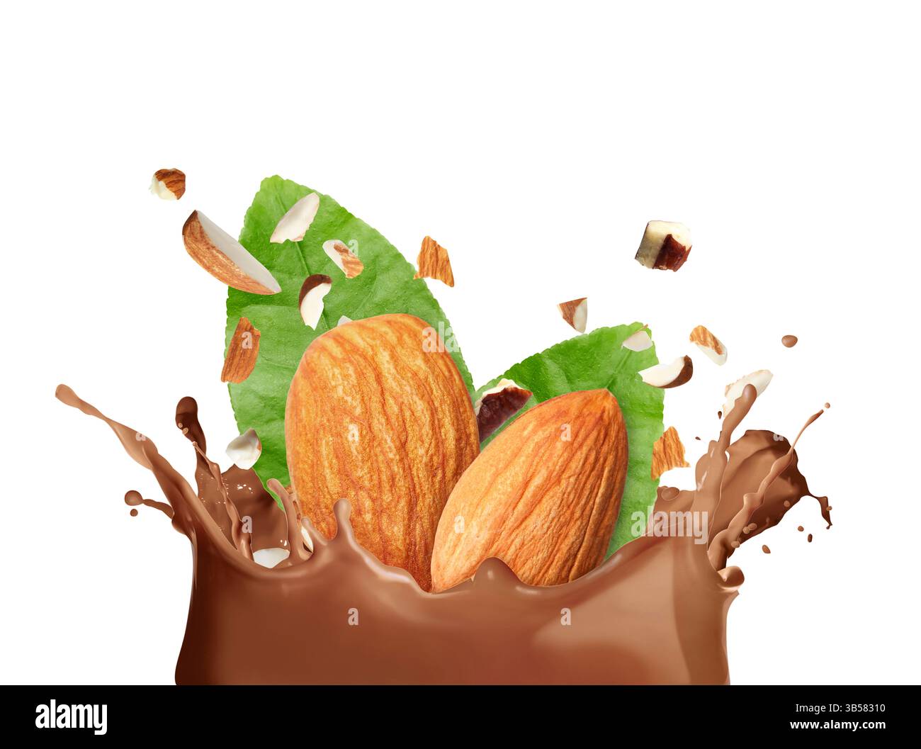 Chocolate splash with almond nuts on white background Stock Photo - Alamy