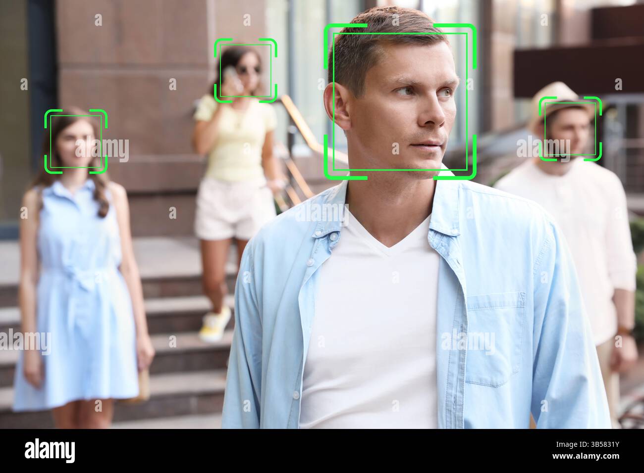 Facial recognition system identifying people on city street, selective ...