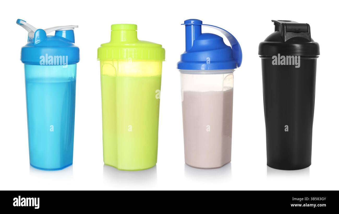 Different shaker bottles isolated on white, set Stock Photo - Alamy