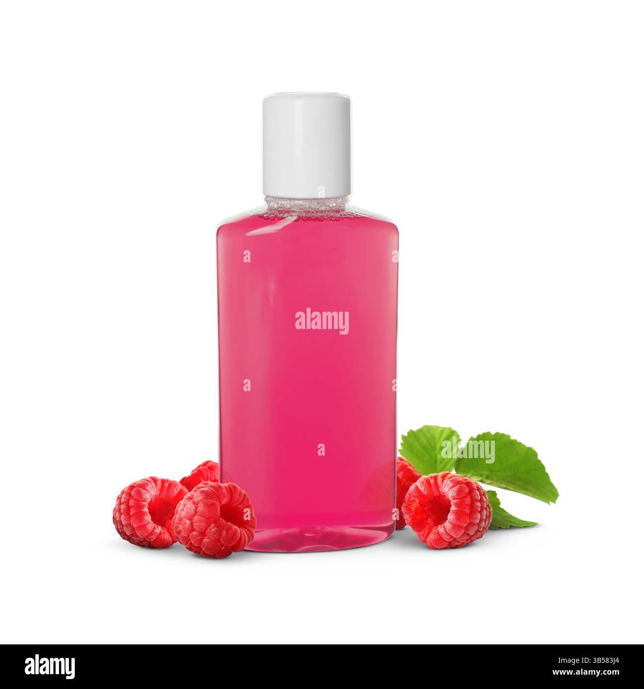 Mouthwash in bottle and raspberries isolated on white Stock Photo - Alamy