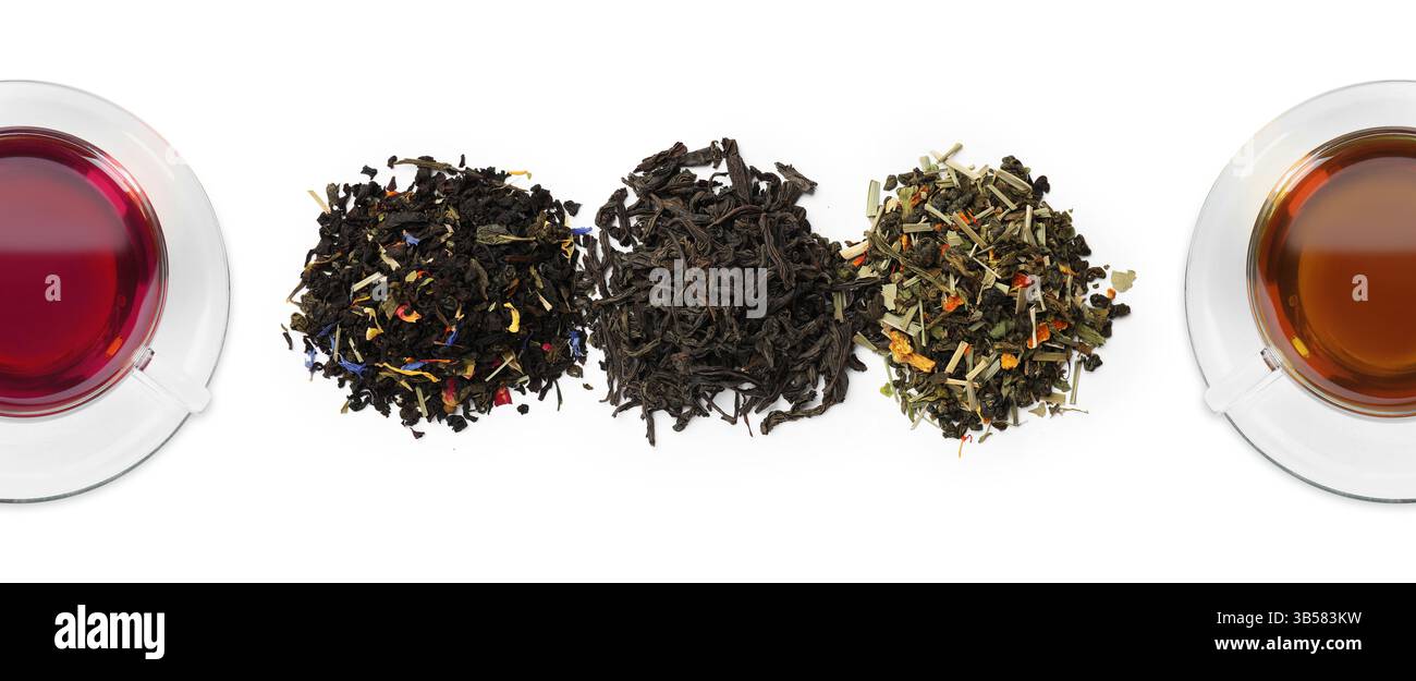 Different types of dried tea leaves and brewed drinks on white ...