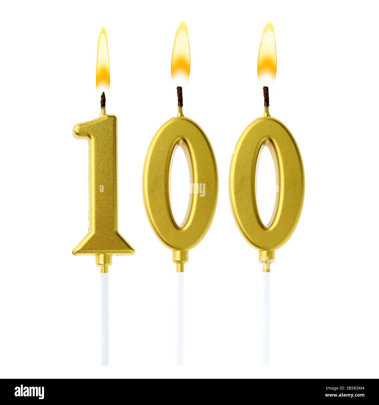 Burning golden cake candles composing number 100 on white background ...
