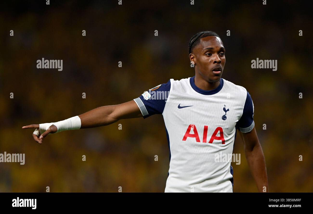 London, UK. 1st May, 2025. Mathys Tel (Spurs) points during the ...