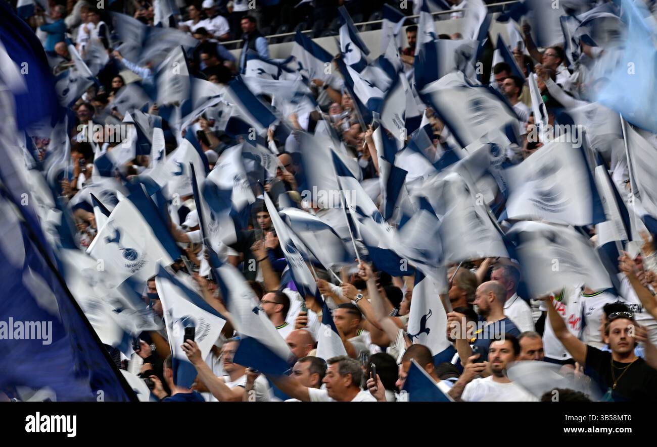 London, UK. 1st May, 2025. A slow shutter speed photo of Spurs fans ...
