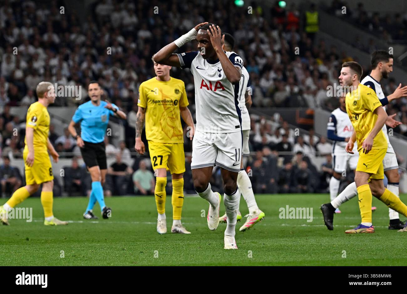 London, UK. 1st May, 2025. Mathys Tel (Spurs) puts his head in his ...