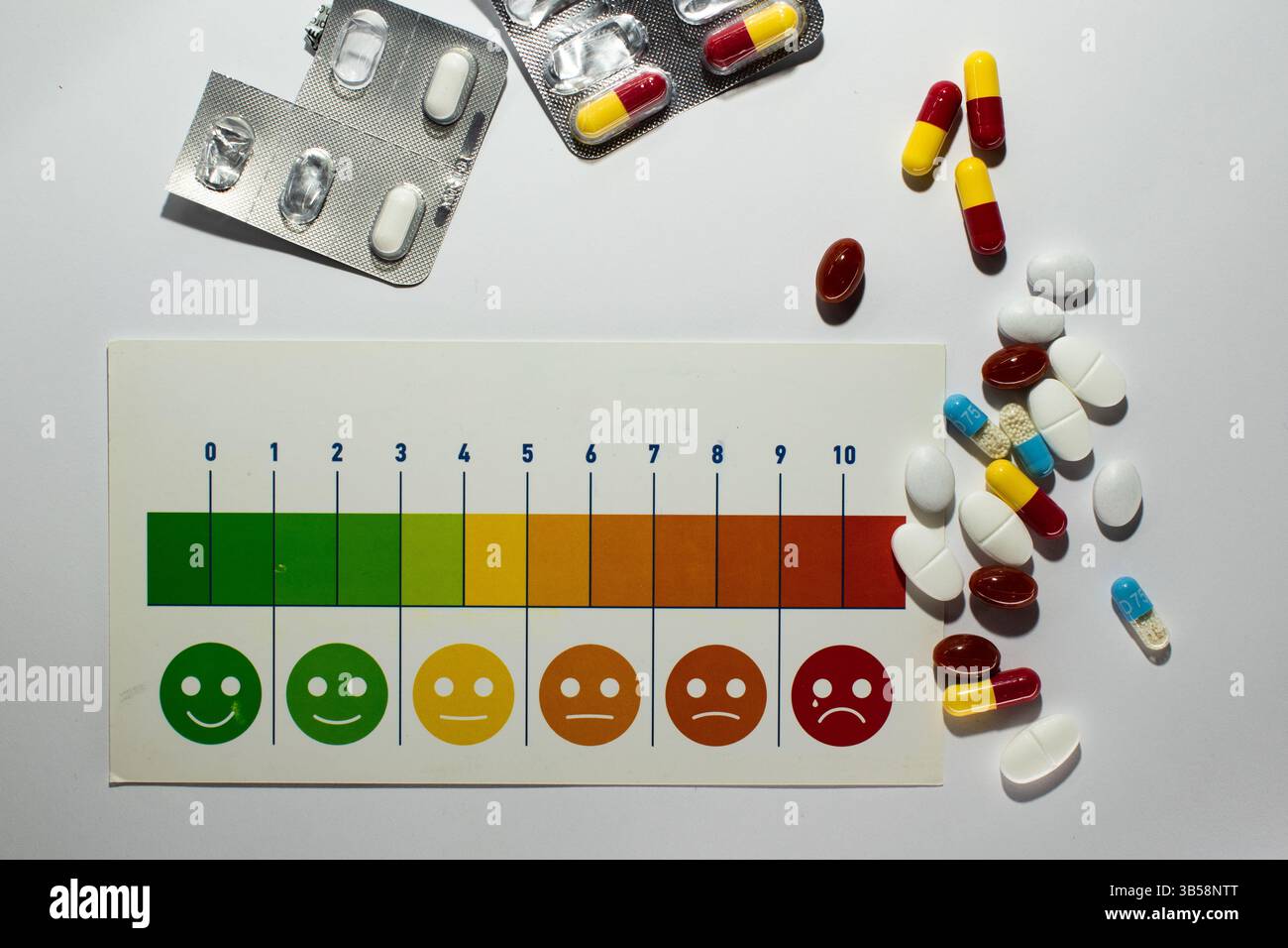 pain scale, pain scale close up with pills, stethoscope and other ...