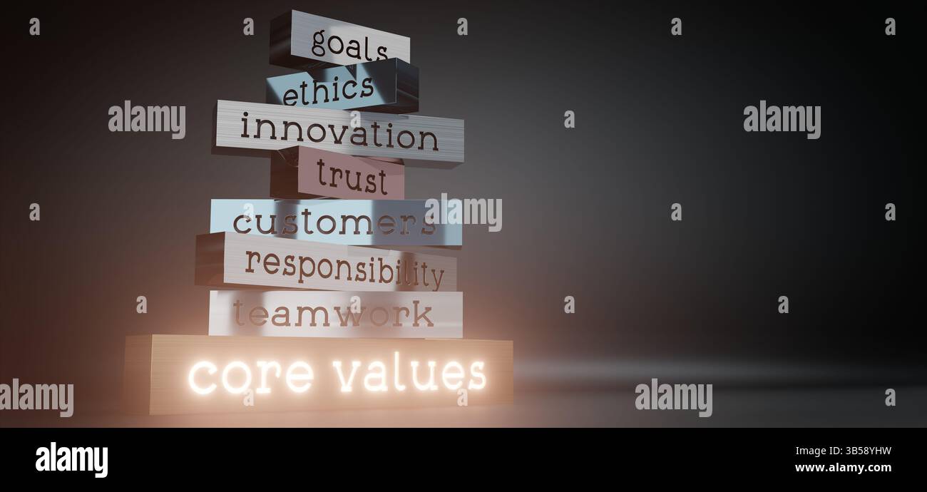 Core values concept - block shapes and glow effect - 3D illustration ...