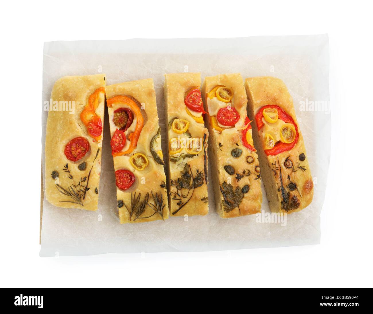 Cut delicious focaccia with flowers made of vegetables isolated on ...