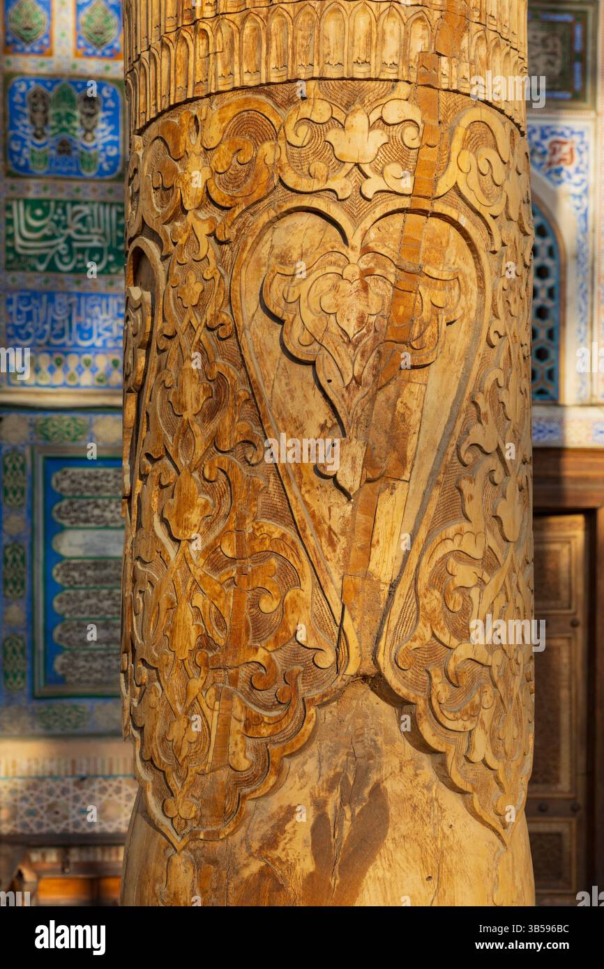 Close-up of a hand carved wooden beam in the 20-pillared hall of the ...
