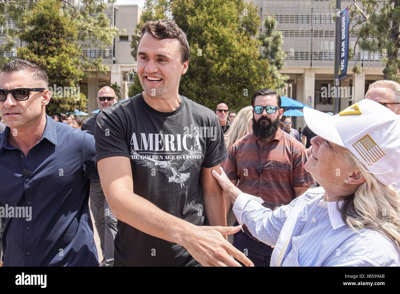 Charlie Kirk, founder of Turning Point USA, enters the plaza and talks ...