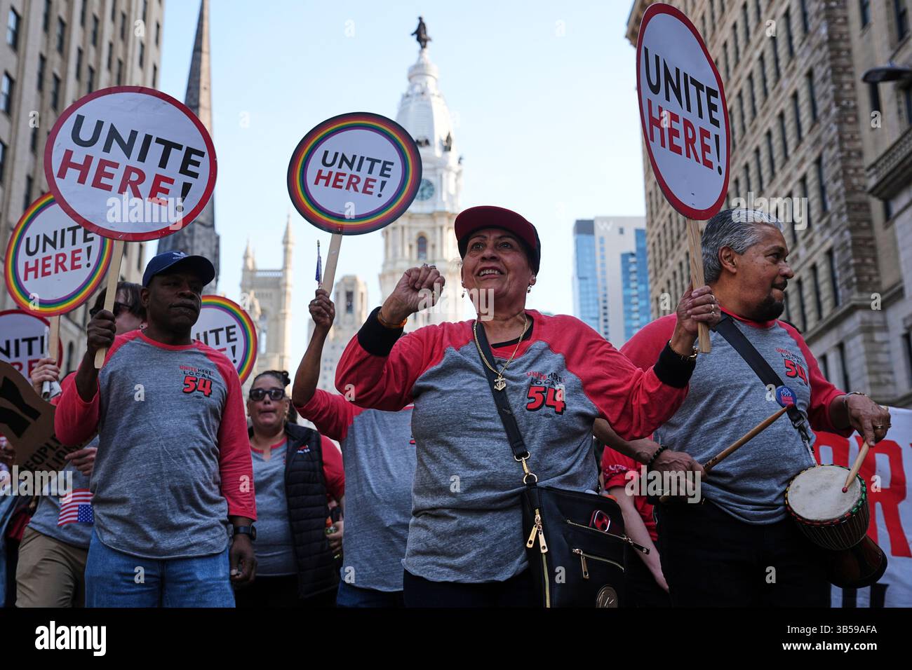 Demonstrators march during a May Day rally in Philadelphia, Thursday ...