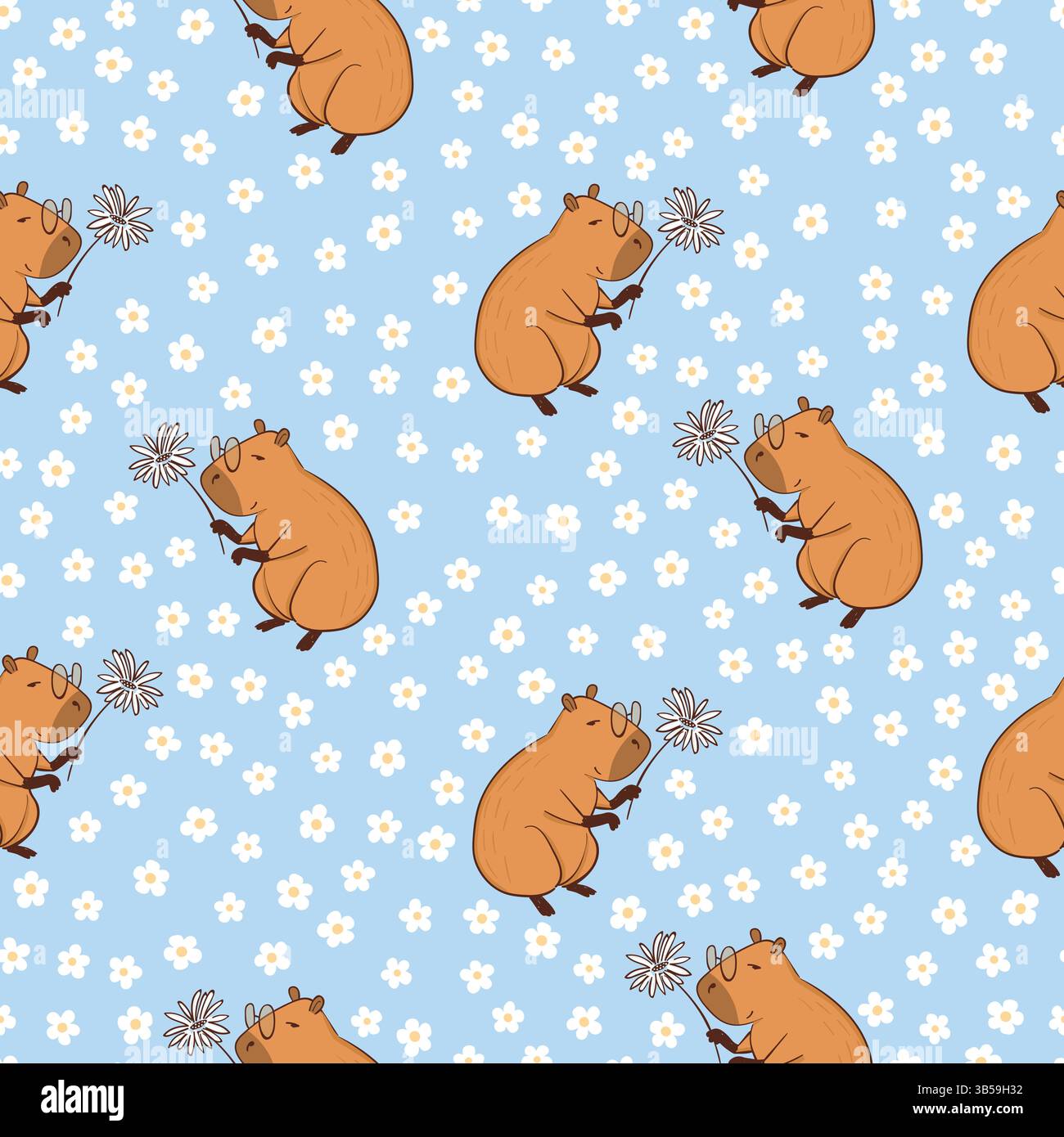 Cute capybaras and flowers seamless pattern. Vector cartoon illustration Stock Vector Image ...