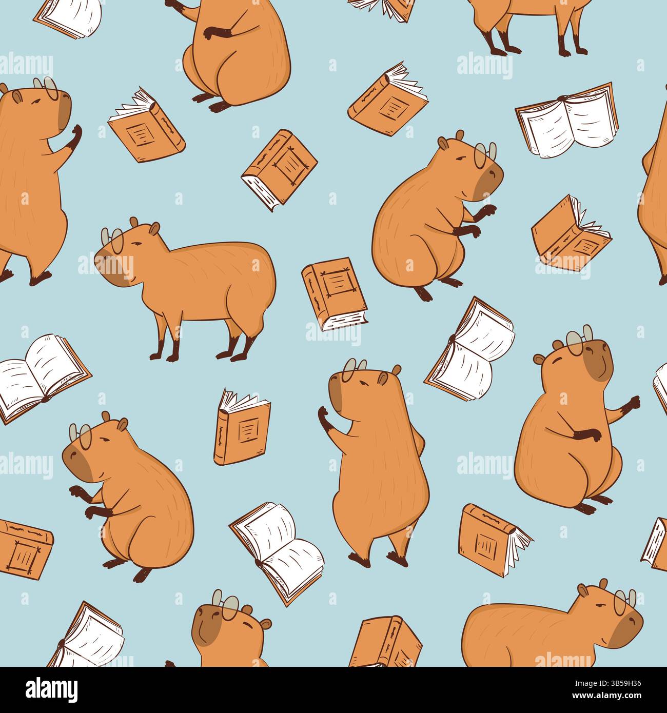 Cute capybaras and books seamless pattern. Vector hand drawn illustration Stock Vector Image ...