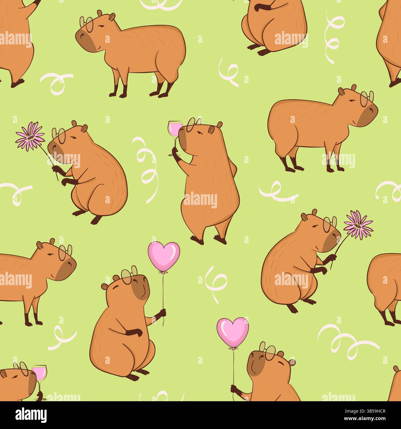 Seamless Birthday party pattern with cute capybaras. Vector funny ...