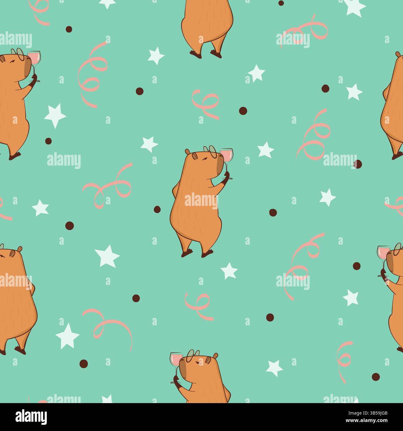 Cute capybara with glass of wine seamless pattern. Birthday party ...