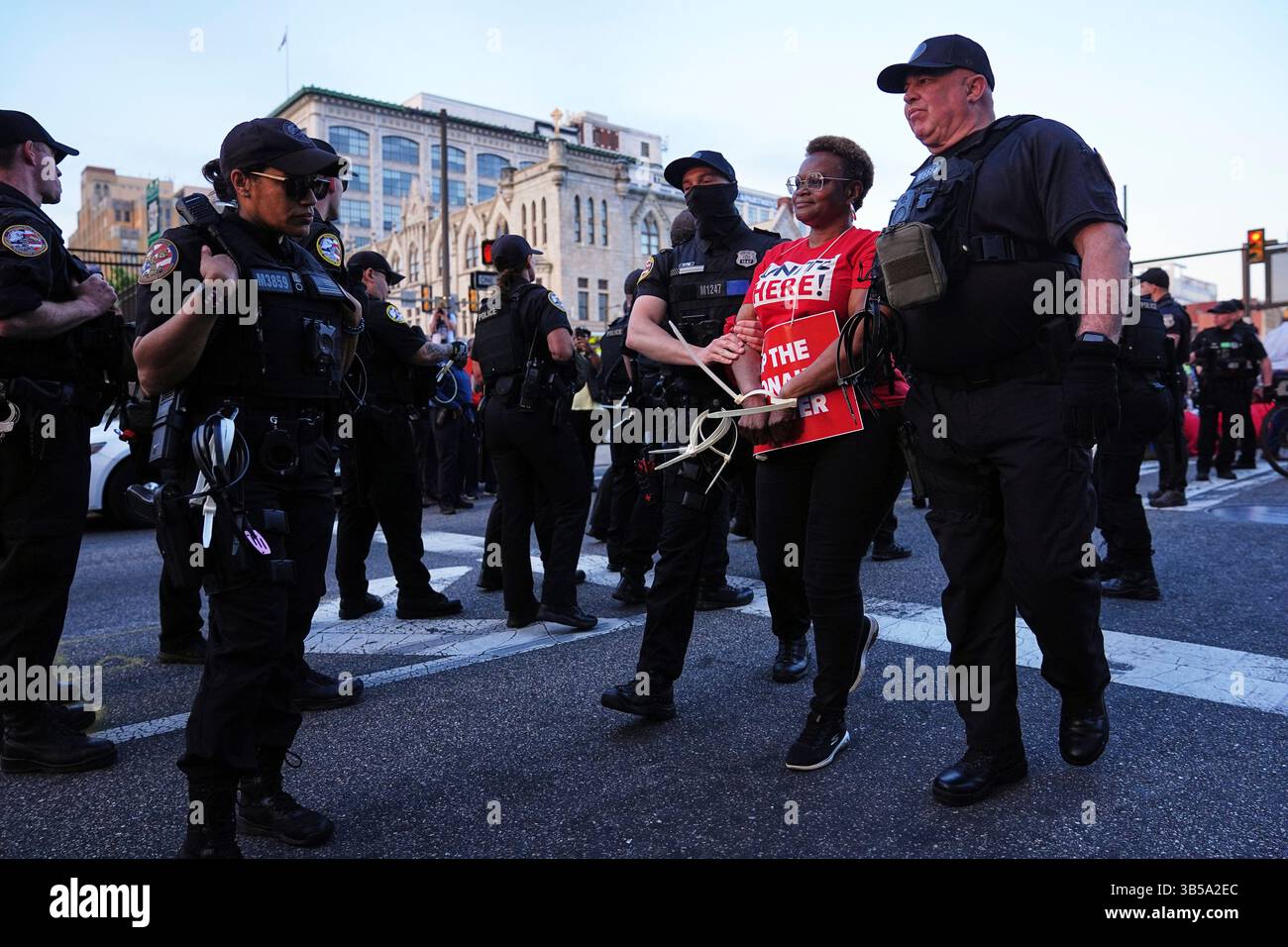 Demonstrators are detained during a May Day rally in Philadelphia ...