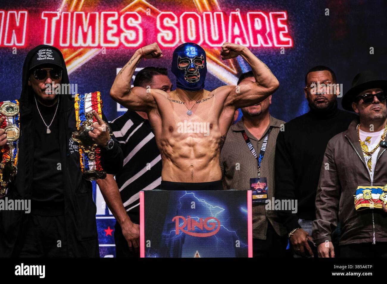 May 1, 2025, New York City, New York, USA: Teofimo Lopez steps on the scale and weighs in at 140 ...