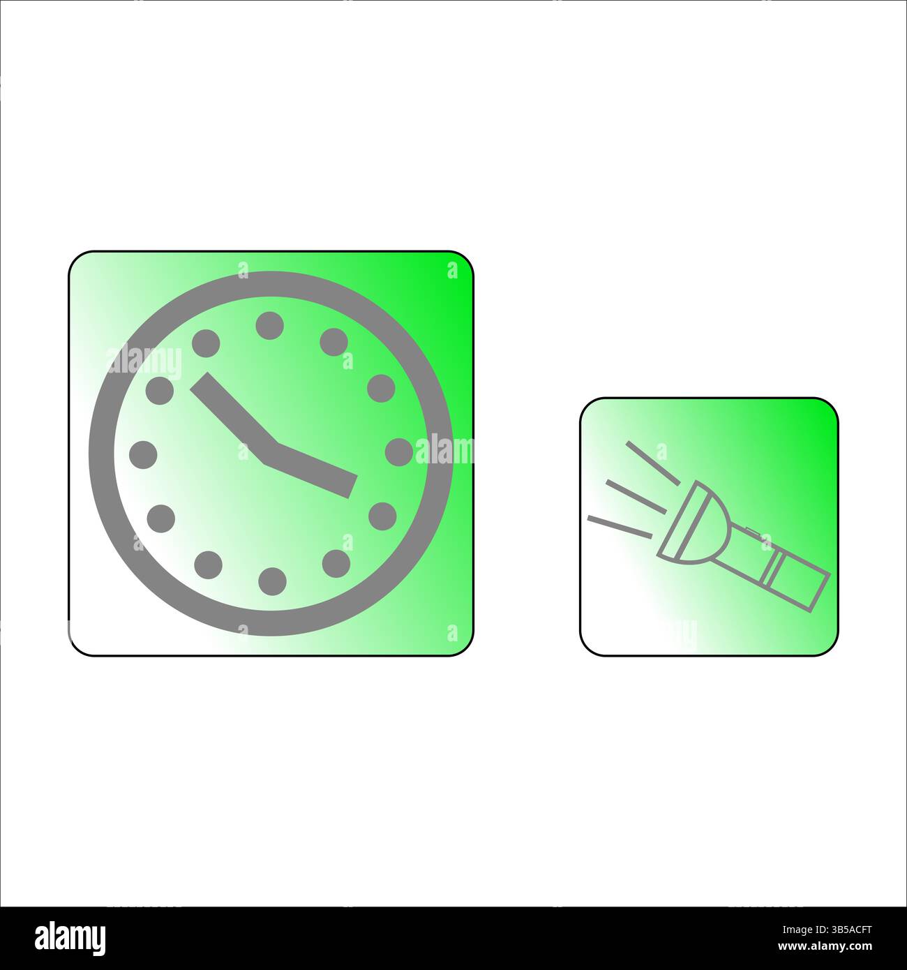 Clock icon graphic. Flashlight vector shape. Green square symbol. Time ...