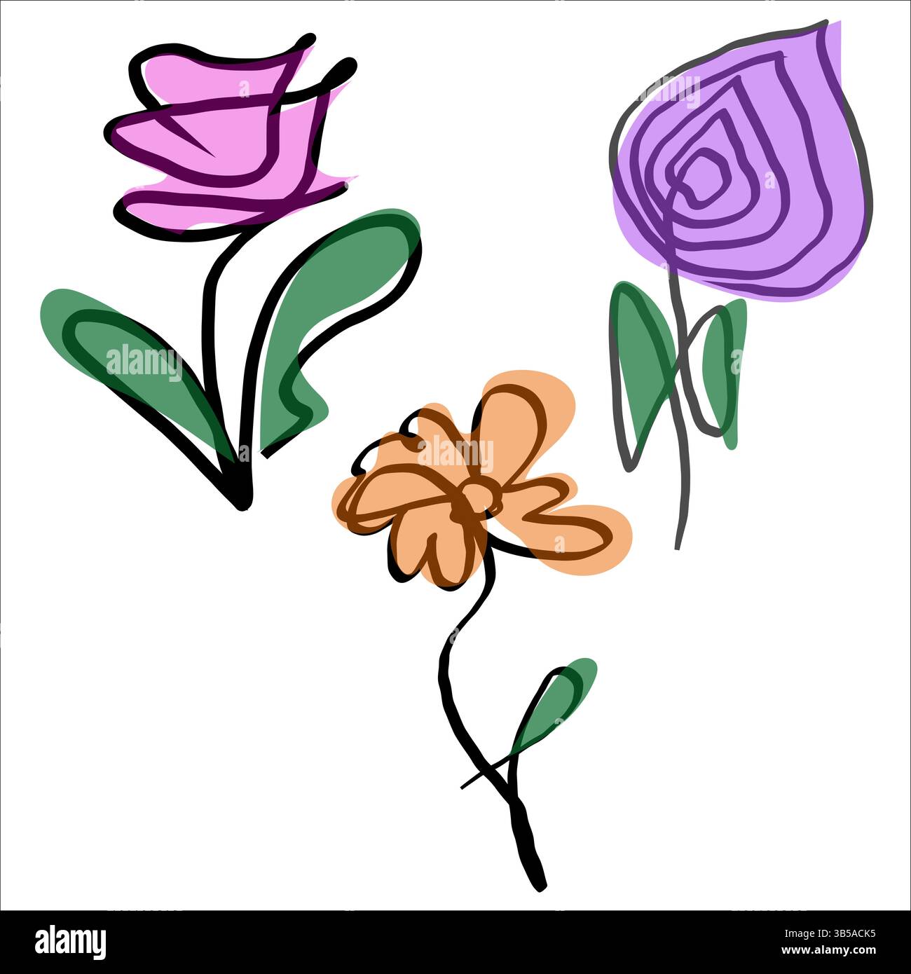 Colorful flower drawings. Marker floral shapes. Abstract petal ...