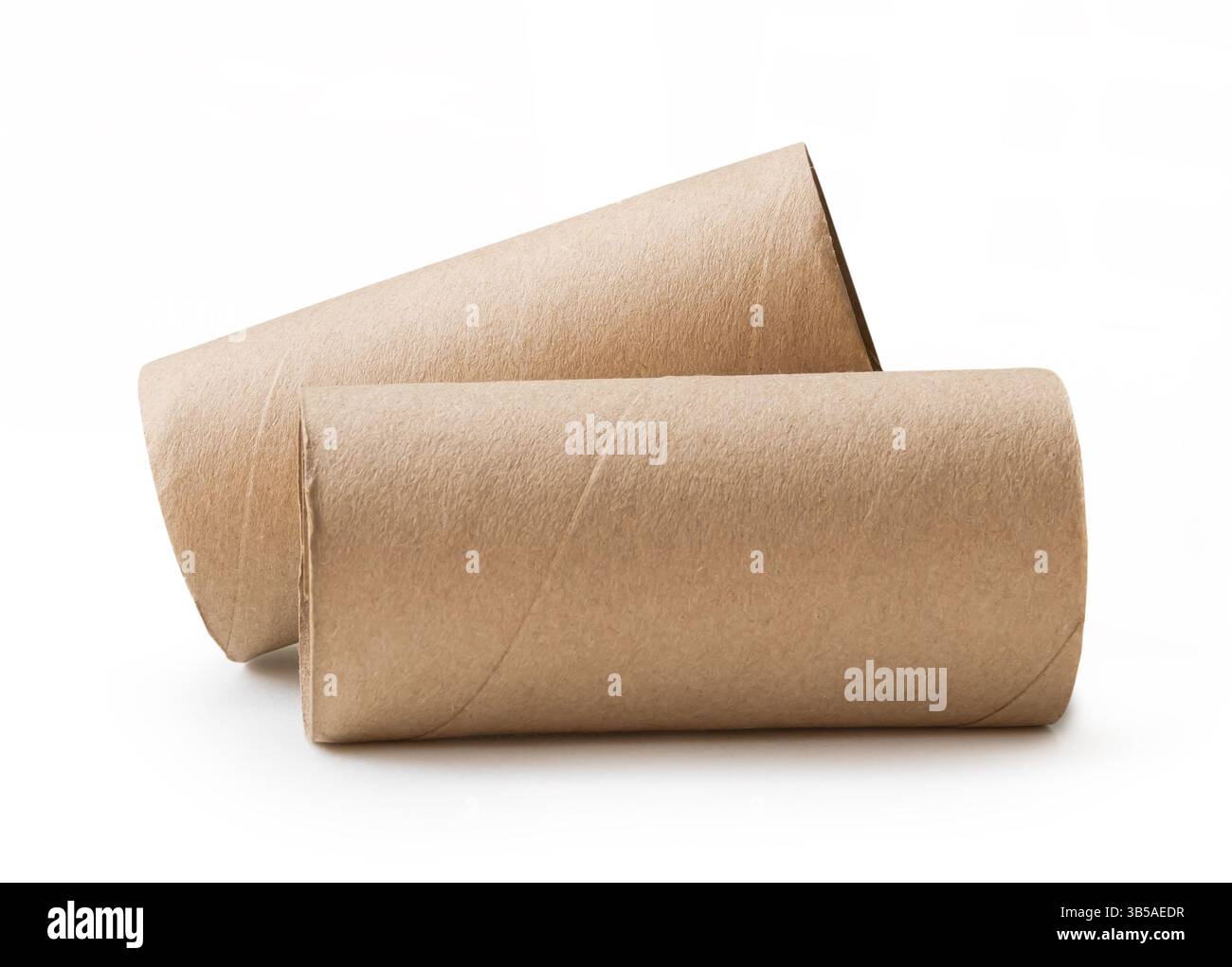 Side view of two tissue paper cores or toilet paper tubes in stack is ...