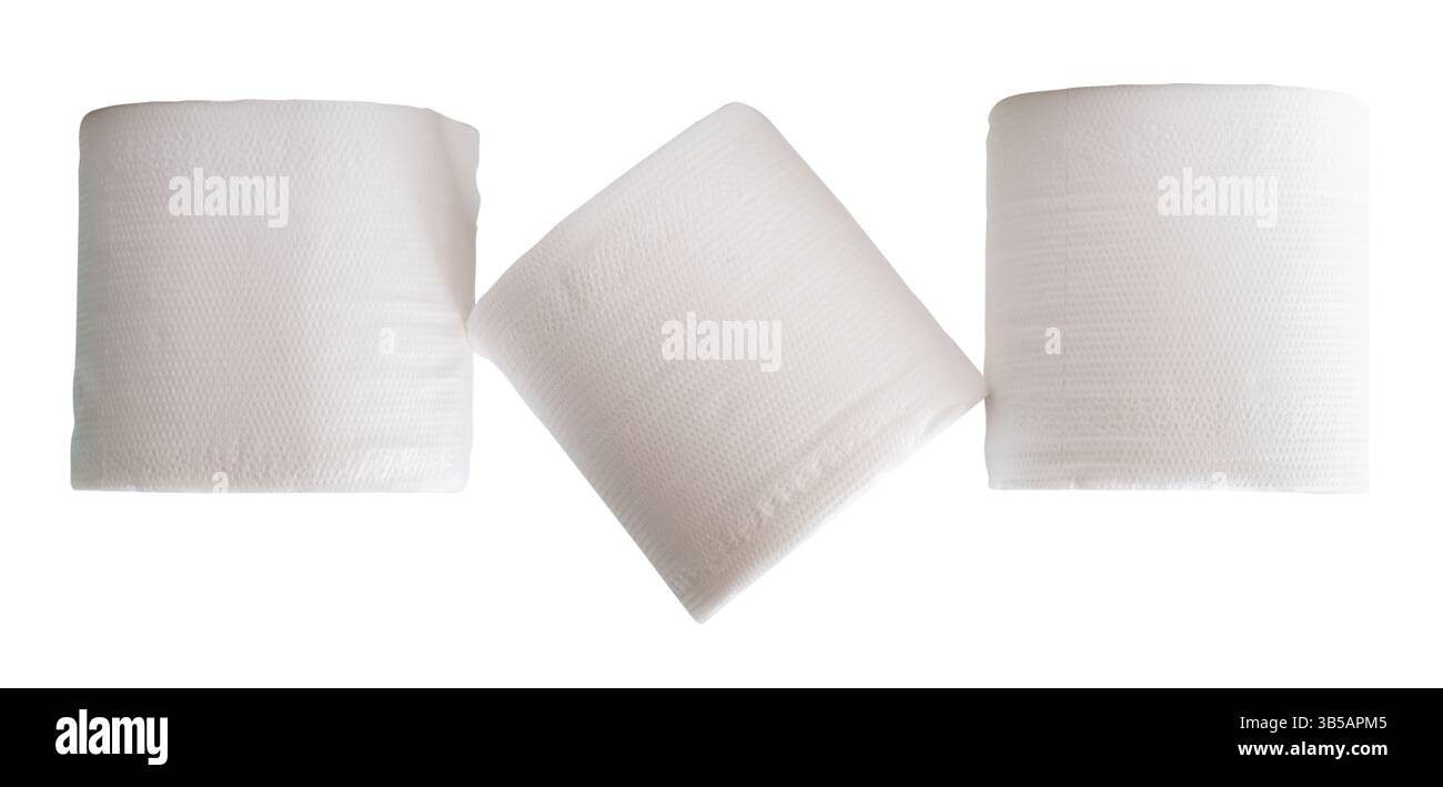 Three rolls of white tissue paper or toilet paper in stack is isolated ...