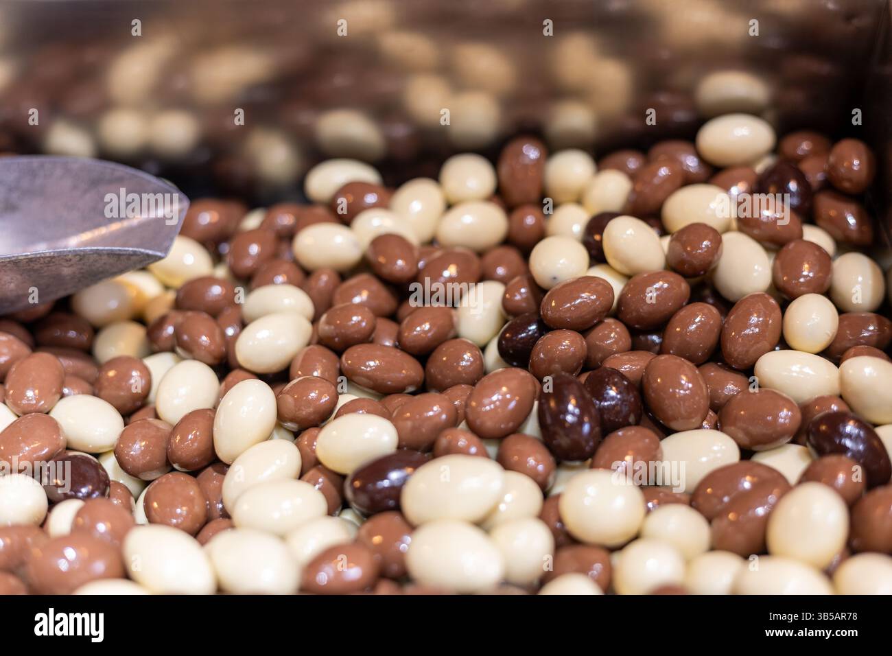 Colorful assortment of chocolate-covered candies fills a display case ...