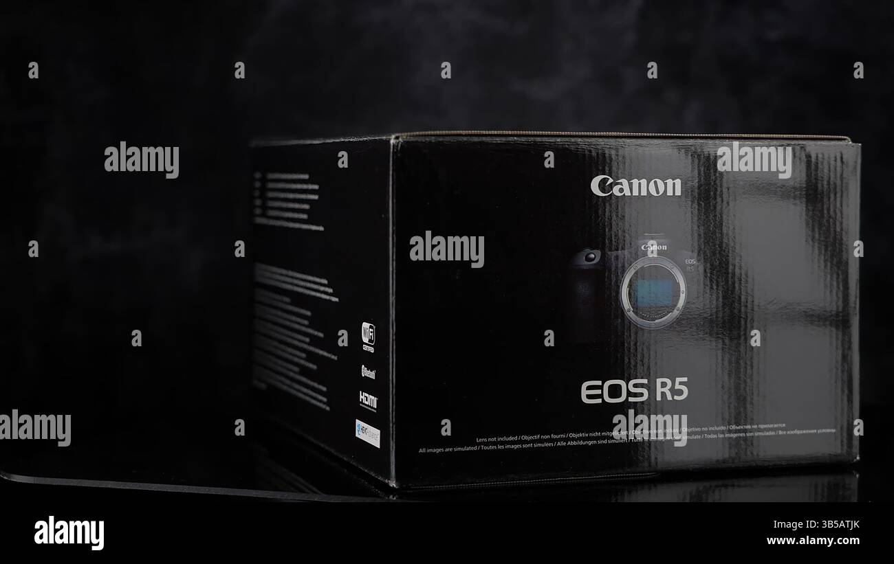 Canon EOS R5 Mirrorless Camera Box on Black Background - FRANKFURT ...