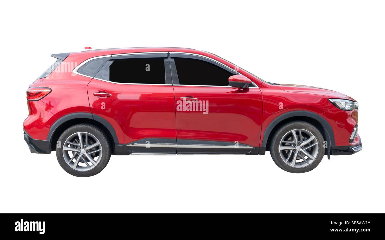 Right side view of mini or small red hatchback car is isolated on white ...