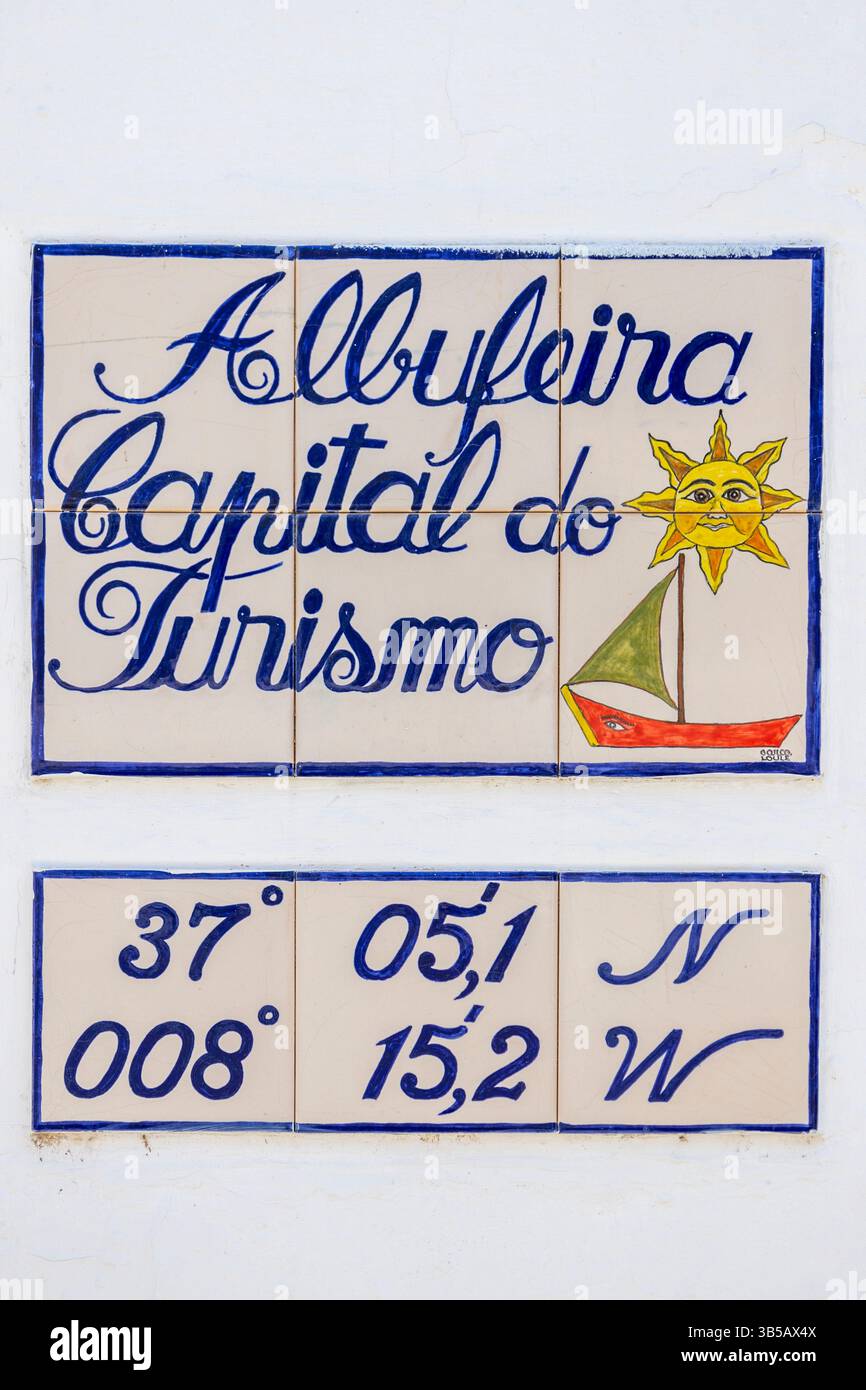ALBUFEIRA, PORTUGAL - 7th MAY 2024: Azulejo sign with coordinates in ...