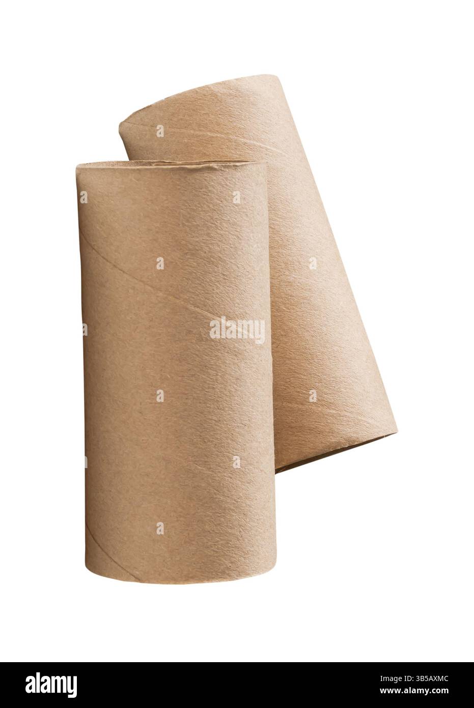 Side view of two tissue paper cores or toilet paper tubes in stack is ...
