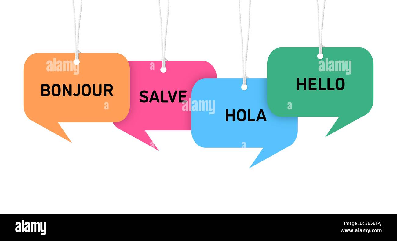 Paper speech bubbles with greetings in different languages hanging on ...